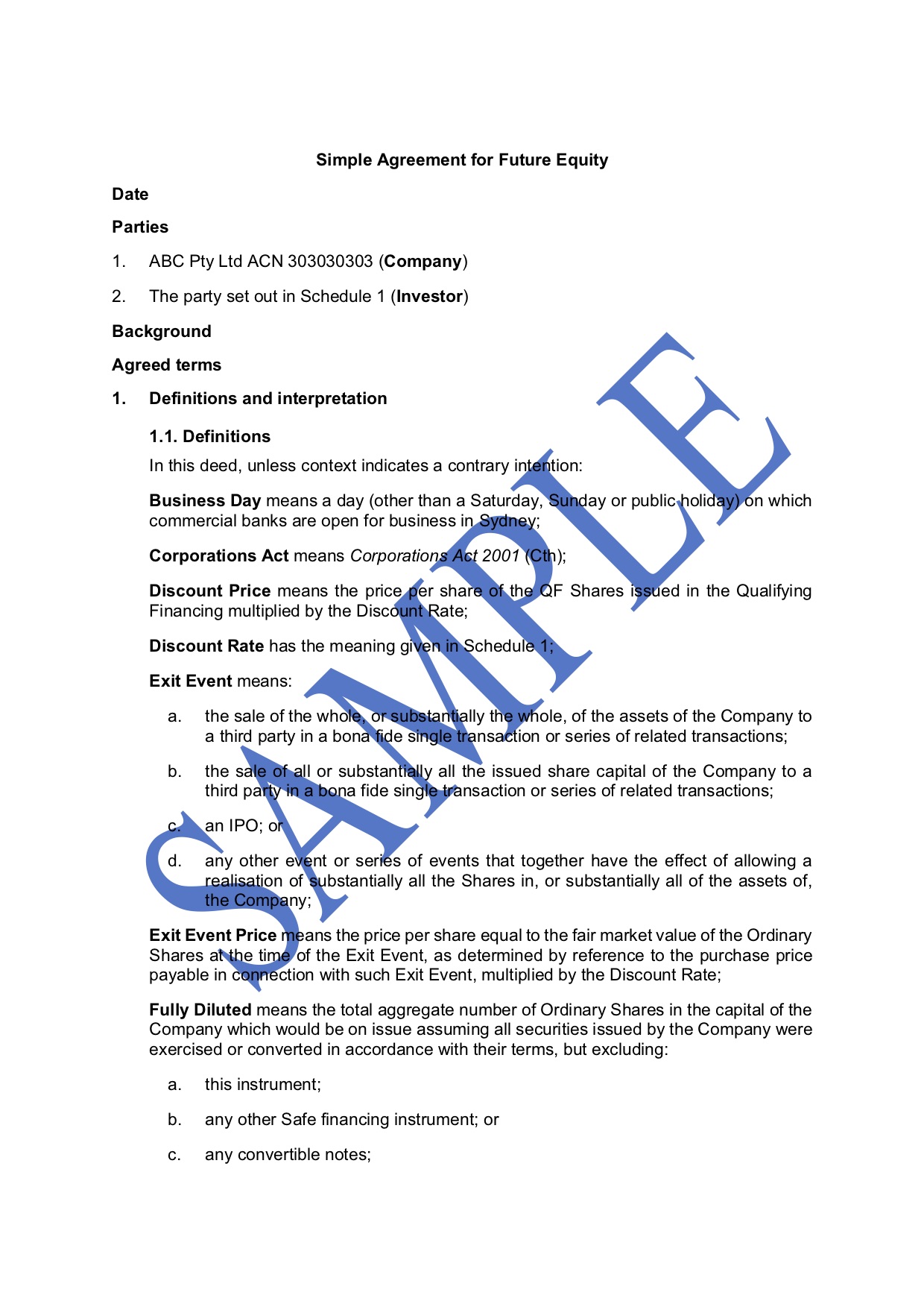 Simple Agreement For Future Equity SAFE Free Template Sample 